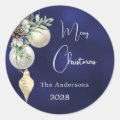 Blue gold white baubles Christmas Classic Round Sticker | Zazzle