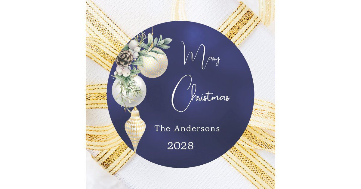 Blue gold white baubles Christmas Classic Round Sticker | Zazzle