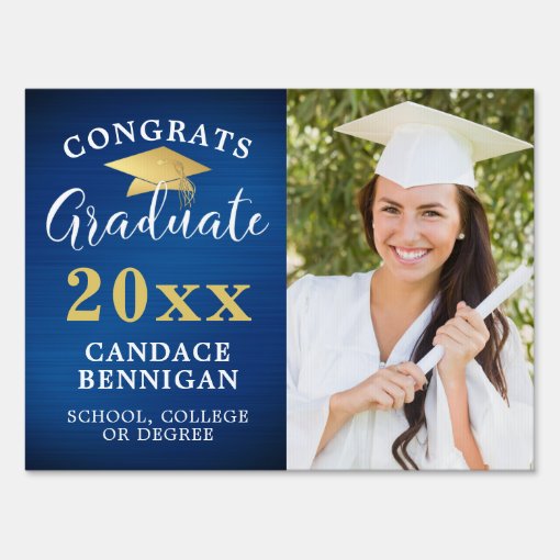 Blue Gold White Congrats Grad Photo Graduation Sign | Zazzle