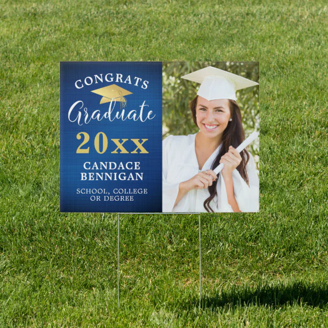 Blue Gold White Congrats Grad Photo Graduation Sign | Zazzle