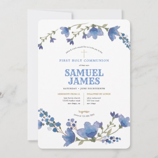 Blue Gold Wreath Holy First Communion Invitation | Zazzle