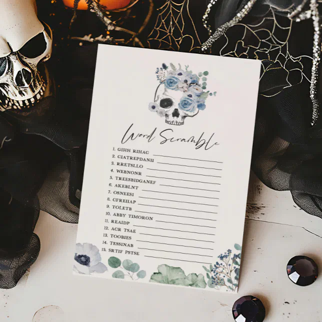 Blue Gothic Floral Skull Word Scramble Game | Zazzle