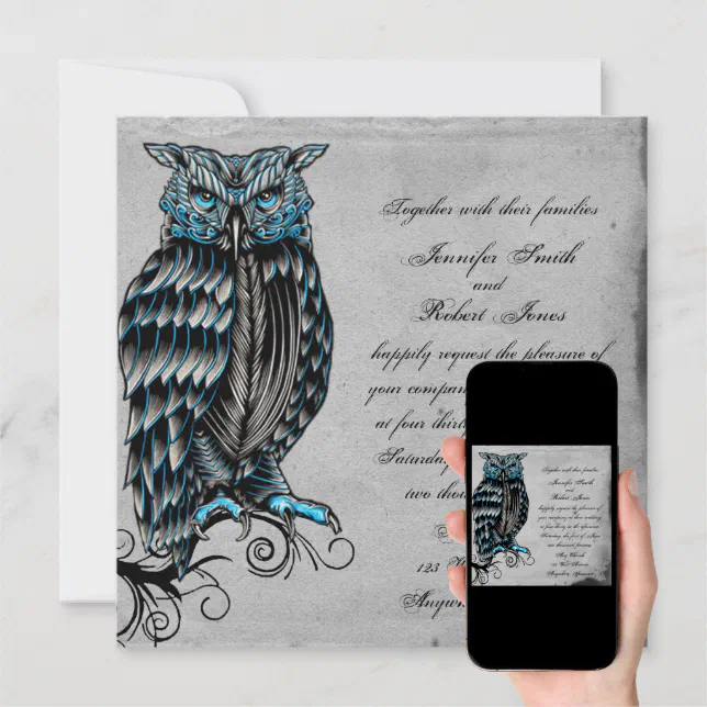 Blue Gothic Owl Posh Wedding Invitation | Zazzle