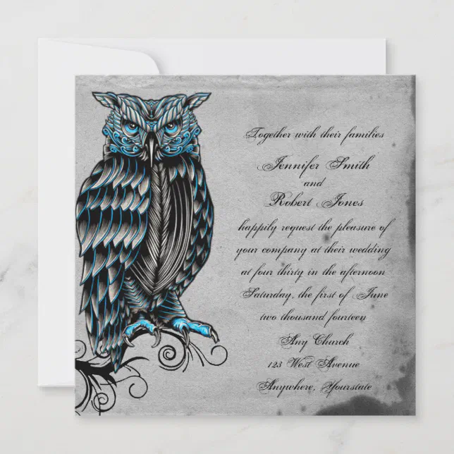 Blue Gothic Owl Posh Wedding Invitation | Zazzle