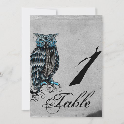 Blue Gothic Owl Posh Wedding Table Number | Zazzle