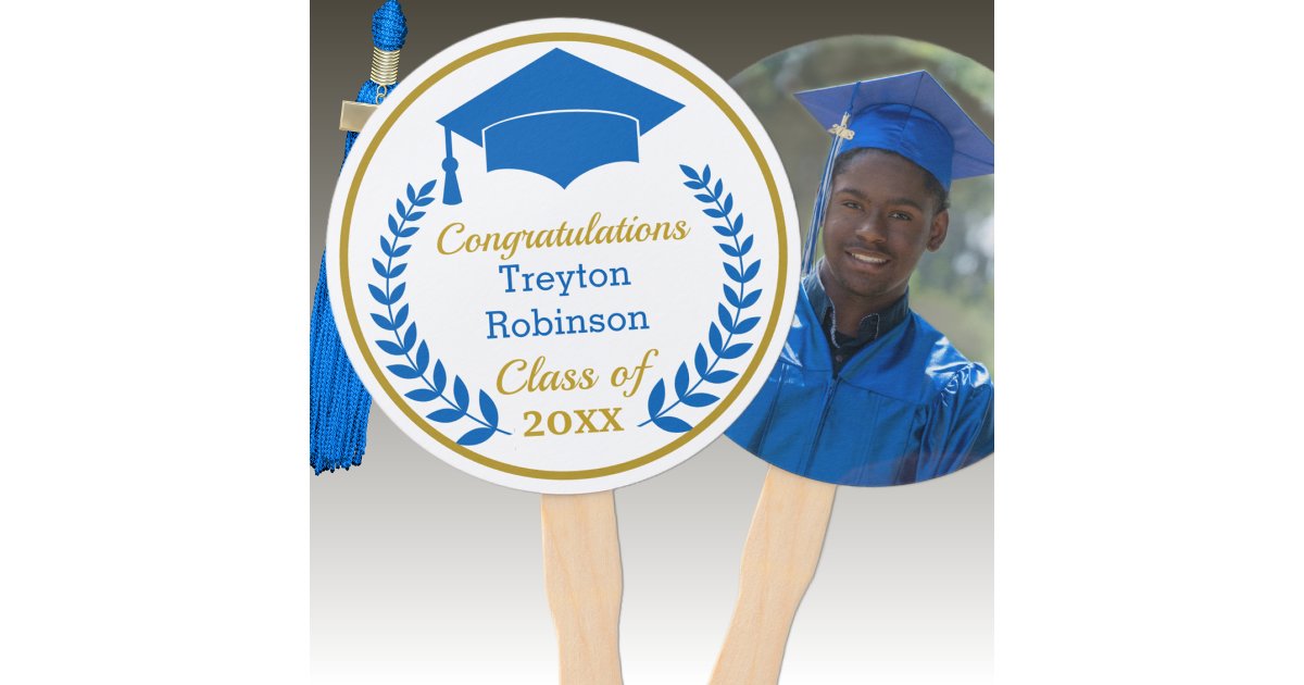 Blue Grad Cap Graduation Photo Hand Fan | Zazzle