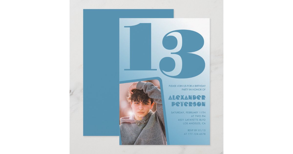 Blue gradient 13th birthday invitations Boy Photo | Zazzle