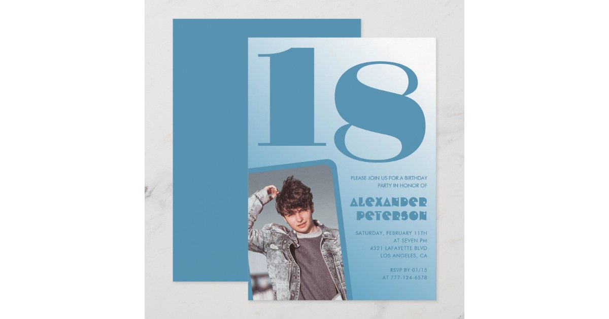 Blue gradient 18th birthday invitations Boy Photo | Zazzle