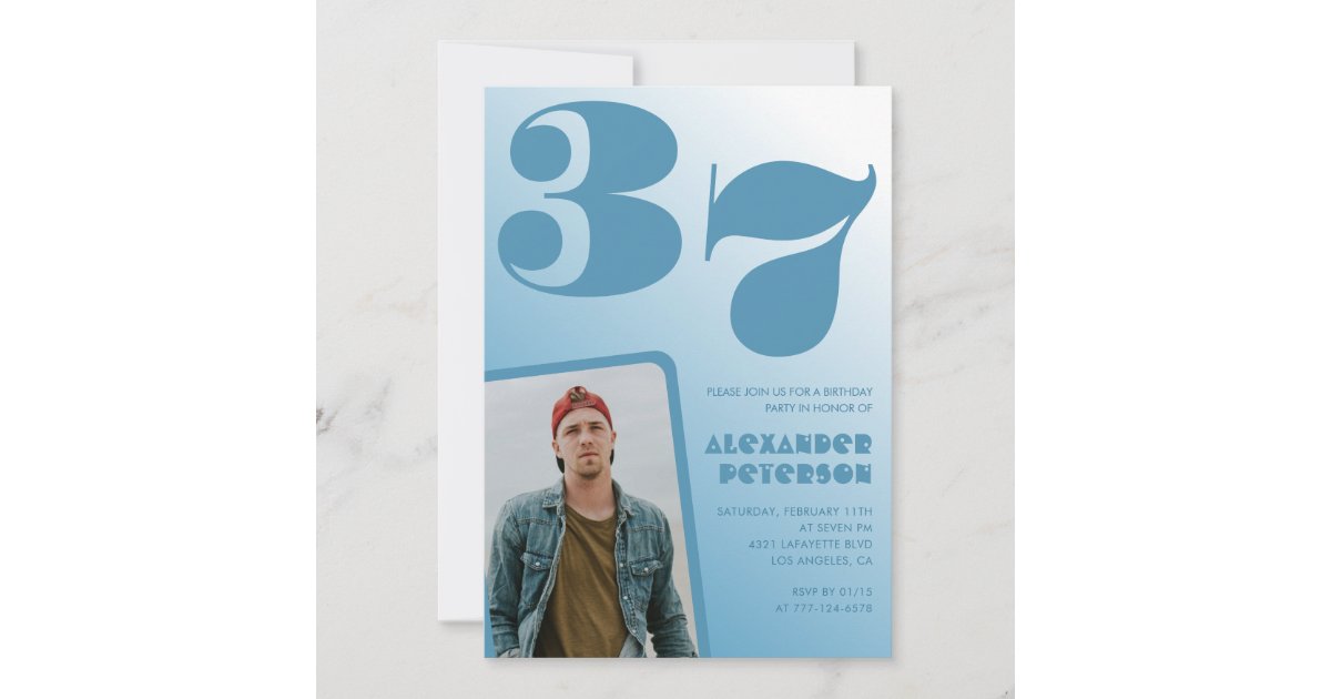 Blue gradient 37th birthday invitations Men Photo | Zazzle