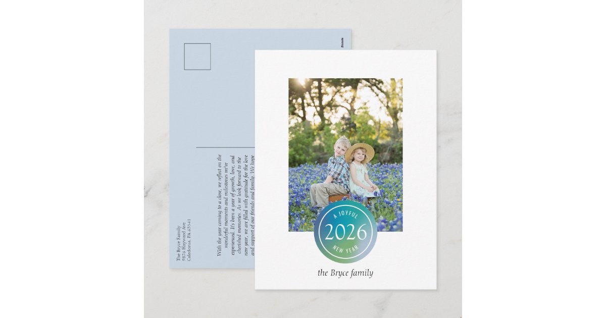 Blue Gradient Dot Joyful New Year Photo Holiday Postcard | Zazzle