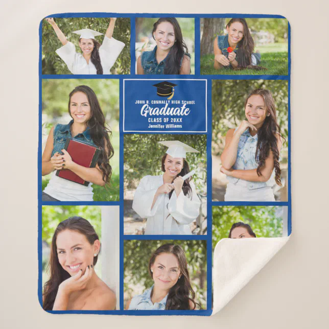Blue Graduate Photo Collage Modern Graduation Gift Sherpa Blanket | Zazzle