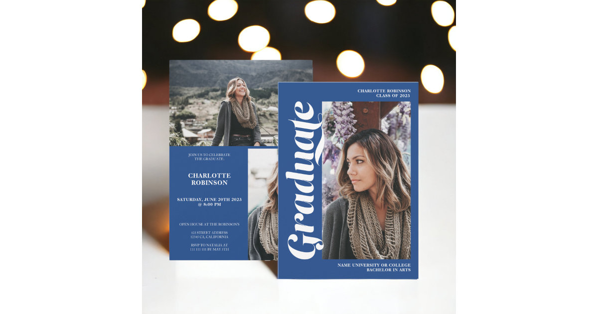 Blue graduate script 3 photo graduation invitation | Zazzle