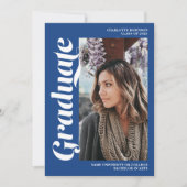 Blue graduate script 3 photo graduation invitation | Zazzle