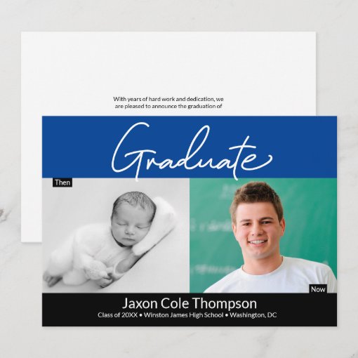 Blue Graduate Then and Now high school Grad photo Announcement | Zazzle