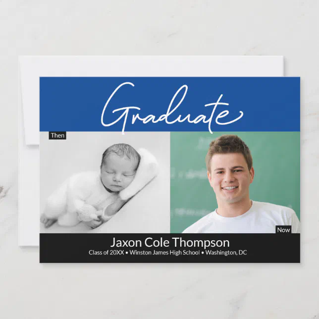 Blue Graduate Then and Now high school Grad photo Announcement | Zazzle