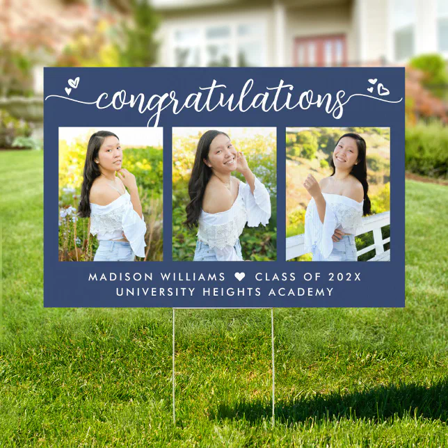 Blue Graduation 3 Photo Modern Script Heart Yard Sign | Zazzle