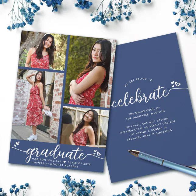 Blue Graduation 4 Photo Modern Calligraphy Hearts Announcement | Zazzle