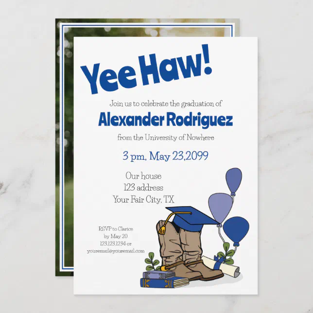Blue Graduation Cap Cowboy Boot Arrangement Invitation | Zazzle