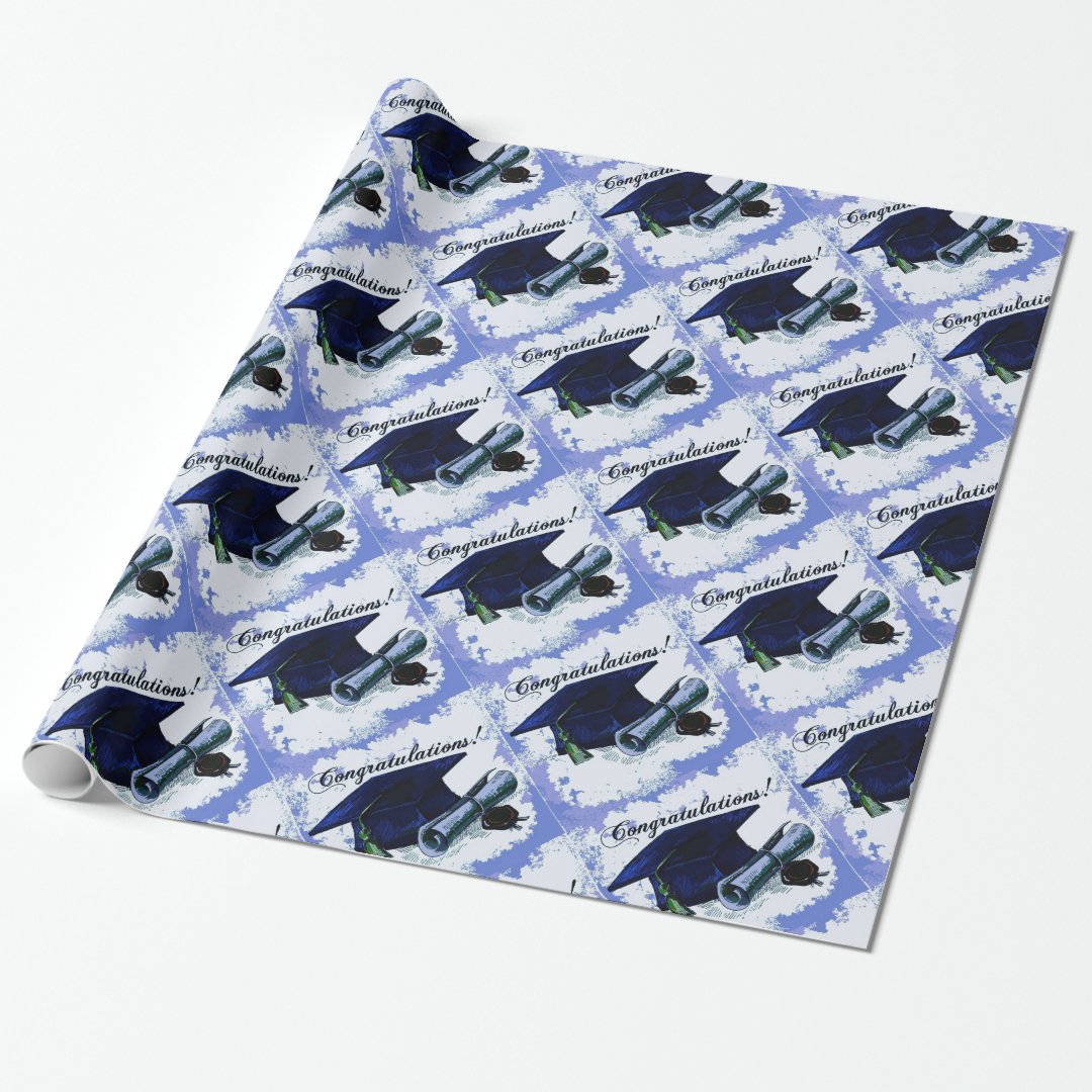 Blue Graduation Cap & Diploma Wrapping Paper | Zazzle