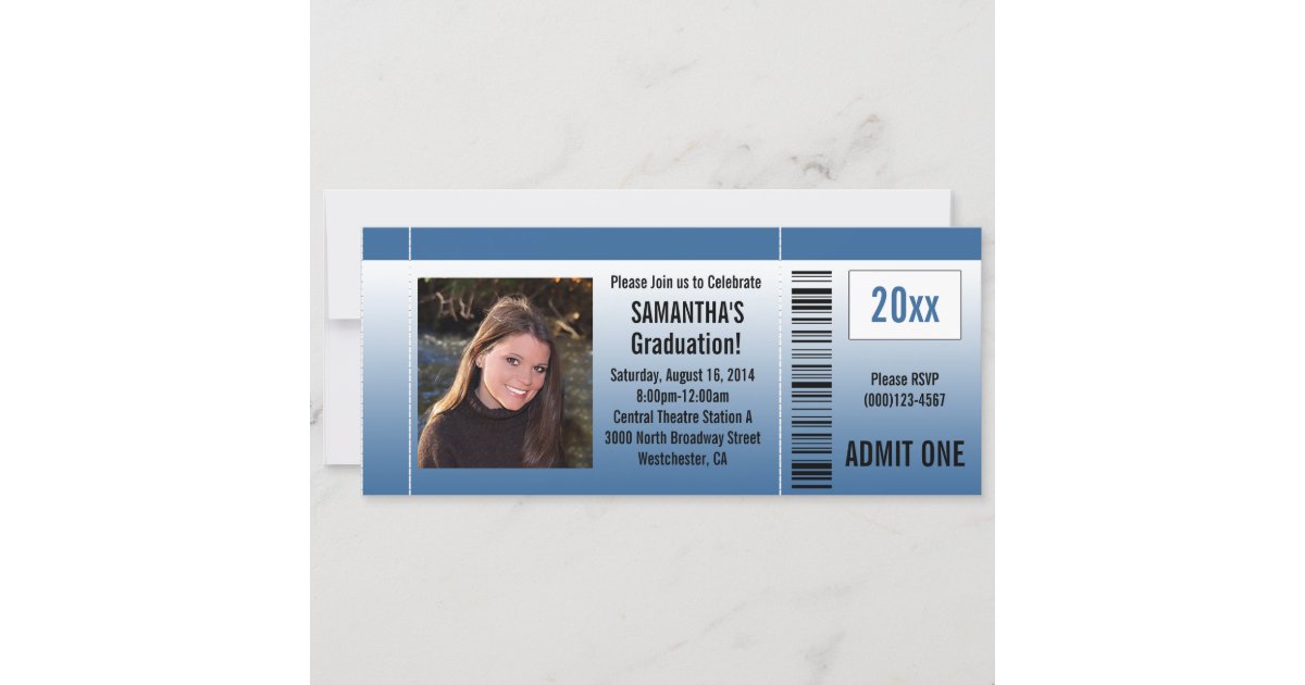 Blue Graduation Party Ticket Invitation with Photo | Zazzle