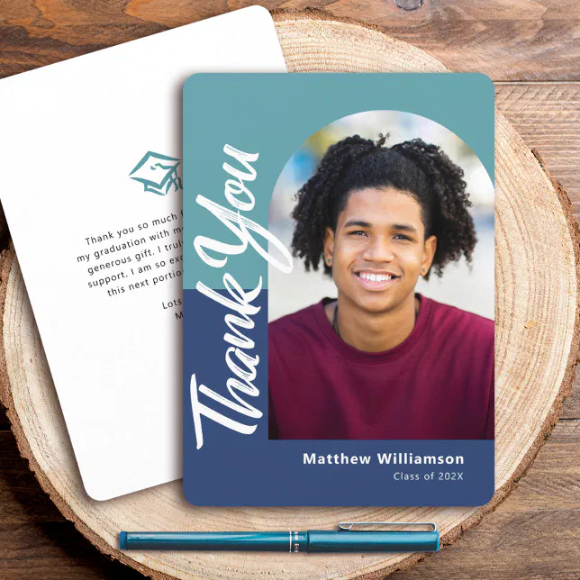 Blue Graduation Photo Bold Arch Script Modern Thank You Card | Zazzle