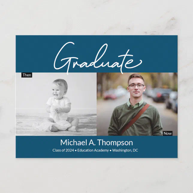 Blue Graduation Then and Now Graduate Photos Announcement Postcard | Zazzle