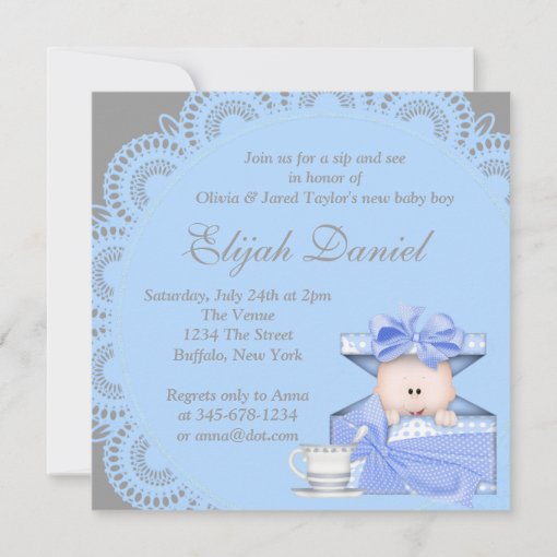 Blue Gray Baby Boy Sip And See Invitations | Zazzle
