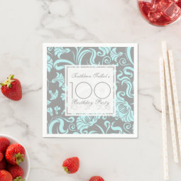 Blue Gray Floral 100th Birthday Party Paper Napkin | Zazzle