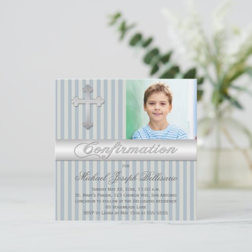 Blue Gray Stripes Confirmation Photo Invitation | Zazzle