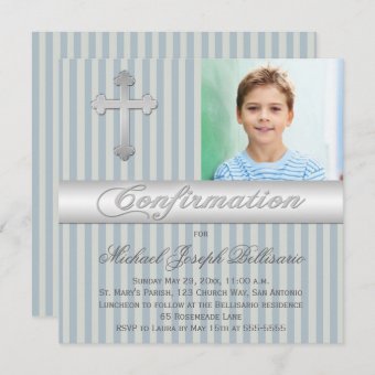 Blue Gray Stripes Confirmation Photo Invitation | Zazzle