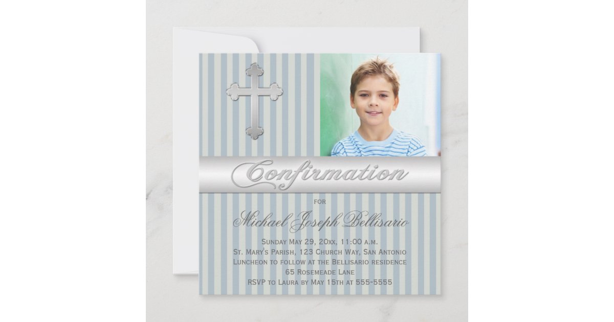 Blue Gray Stripes Confirmation Photo Invitation | Zazzle