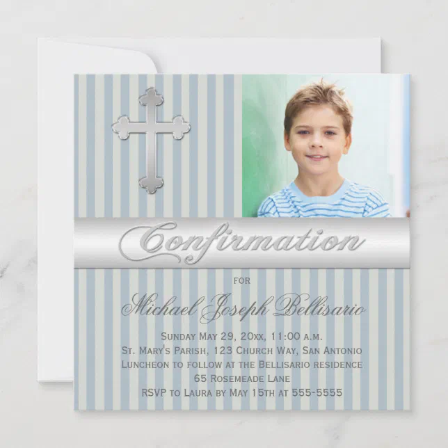 Blue Gray Stripes Confirmation Photo Invitation | Zazzle