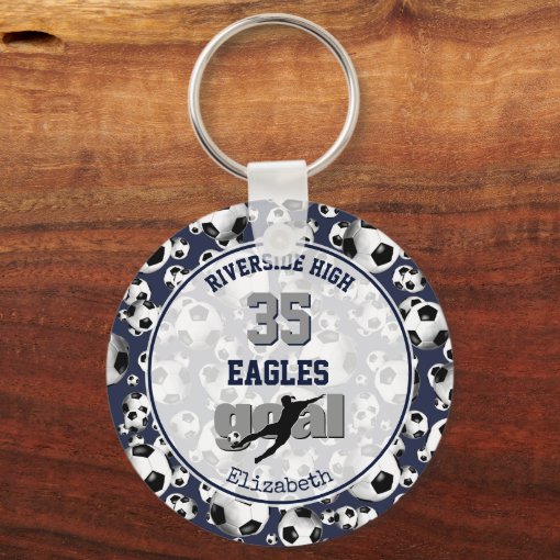 blue gray white school team spirit girls soccer keychain | Zazzle