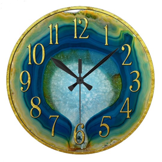 Blue & Green Agate Geode with Crystals Gold Detail Large Clock | Zazzle.com