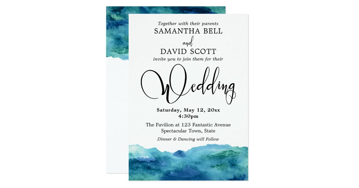 Blue Green Aqua Watercolor Modern Wedding 3b Invitation | Zazzle.com