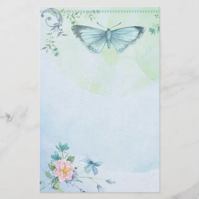 Blue Green Butterfly Flower Pretty Stationary Stationery | Zazzle