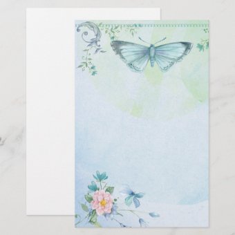 Blue Green Butterfly Flower Pretty Stationary Stationery | Zazzle