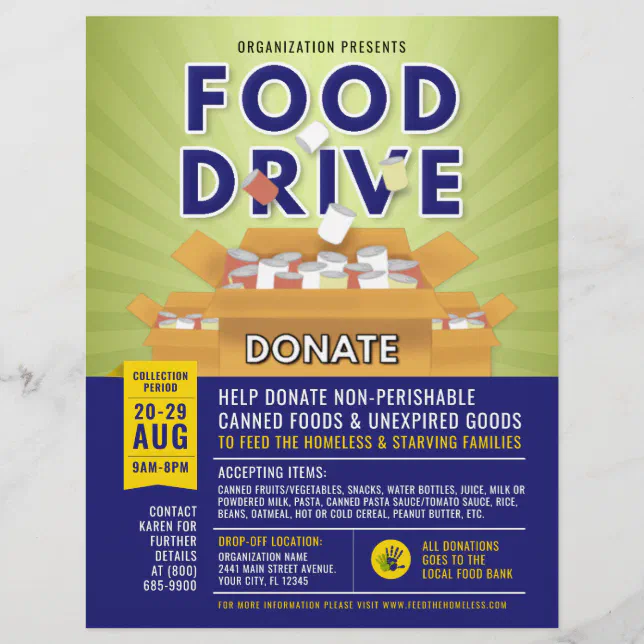 Blue Green Canned Food Drive Fundraiser Flyer | Zazzle