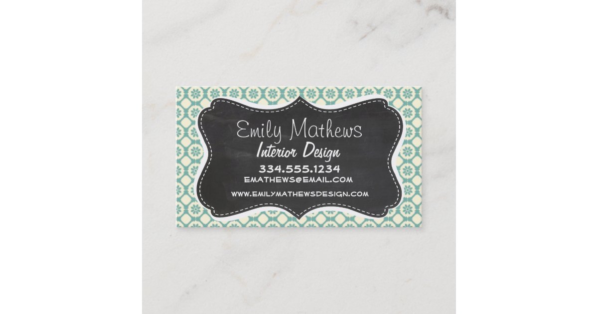 Blue-Green & Cream Floral; Vintage Chalkboard Business Card | Zazzle