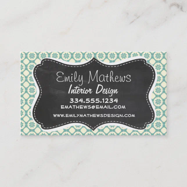 Blue-Green & Cream Floral; Vintage Chalkboard Business Card | Zazzle