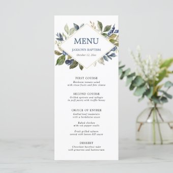 Blue green foliage greenery gold geometric menu | Zazzle
