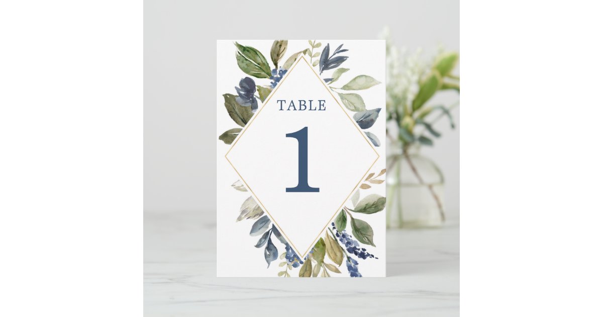 Blue green gold foliage greenery table numbers | Zazzle