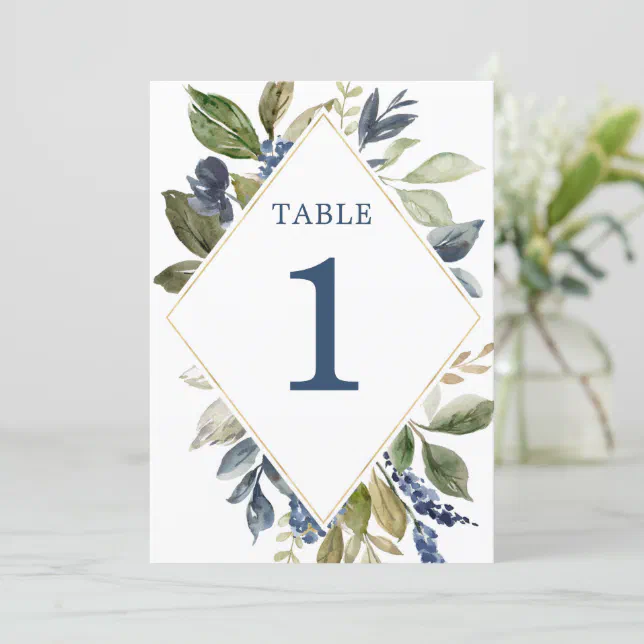 Blue green gold foliage greenery table numbers | Zazzle