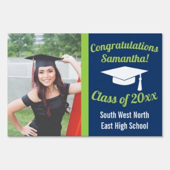Blue & Green Graduation Photo Congratulations Grad Sign | Zazzle