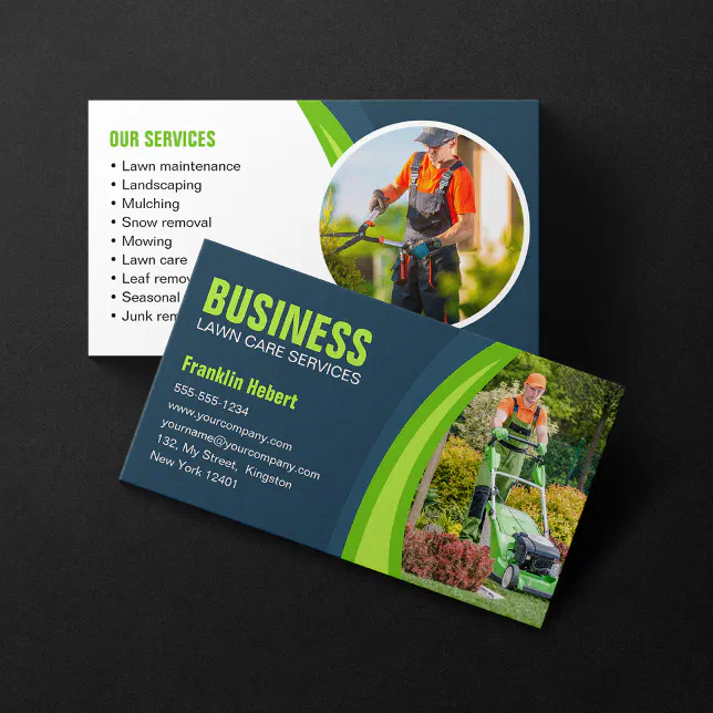 Blue & Green Lawn Care Landscaping Mowing Business Card | Zazzle