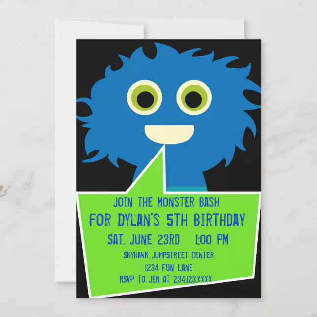 Blue Green Monster Birthday Invitations Kids Party | Zazzle