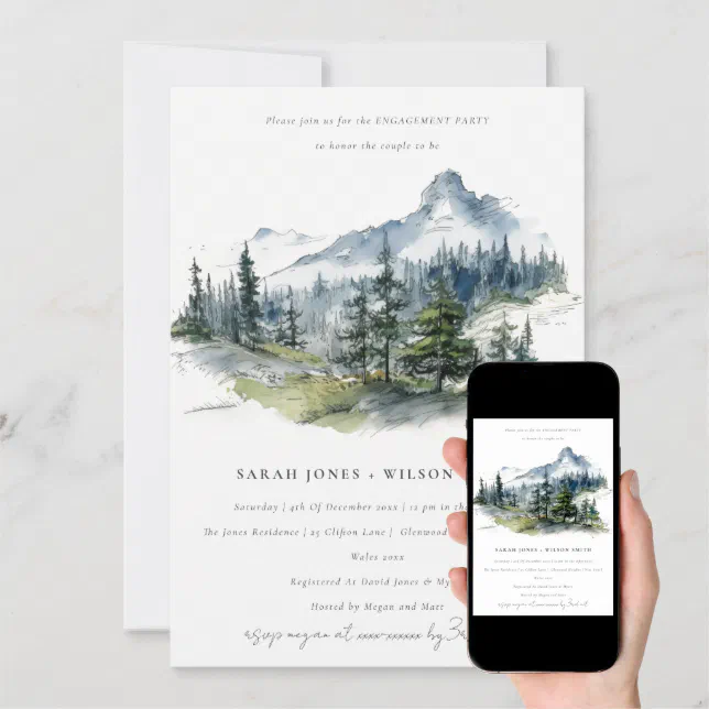 Blue Green Mountain Landscape Sketch Engagement Invitation | Zazzle