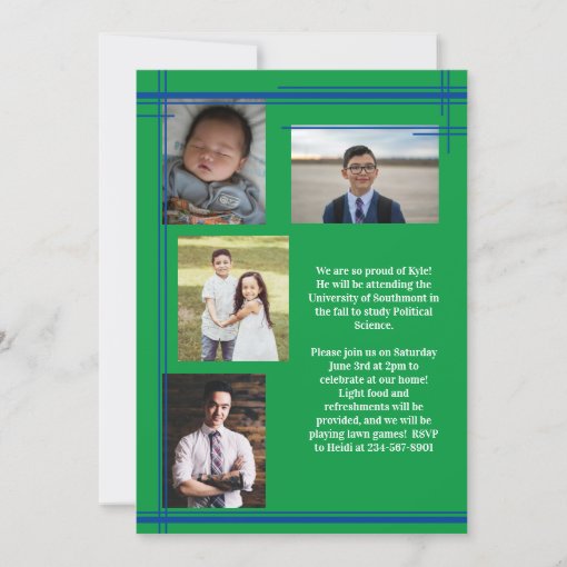 Blue Green School Color Graduation Photo Plaid Invitation | Zazzle