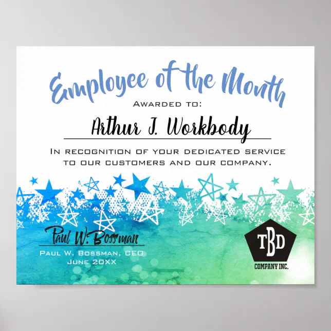 Blue green stars employee of the month certificate poster | Zazzle