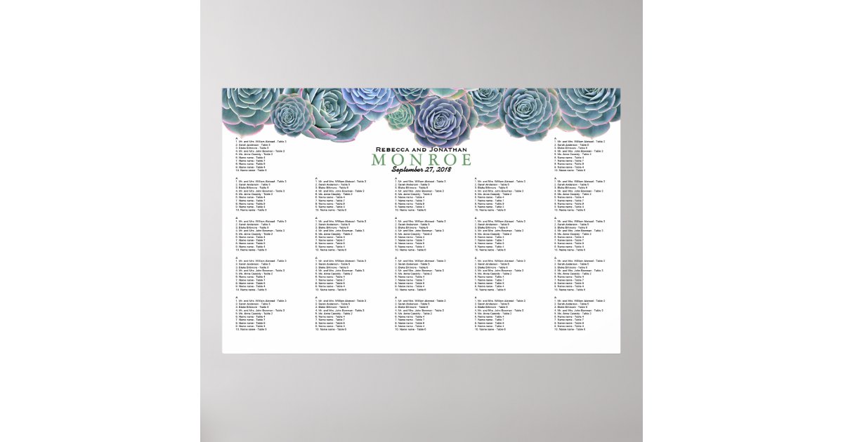 Blue Green Succulents Seating Chart Template | Zazzle